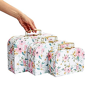 Okuna Outpost Set of 3 Different Sizes of Paperboard Suitcases with Metal Handles, Floral Print Decorative Cardboard Storage Boxes (Floral Print)
