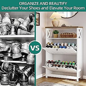 YITAHOME Shoe Cabinet with 2 Flip Drawers, Entryway Shoe Storage Cabinet with Open Shelves, Free Standing Hidden Shoe Rack Storage Organizer for Entryway/Hallway/Closet, White