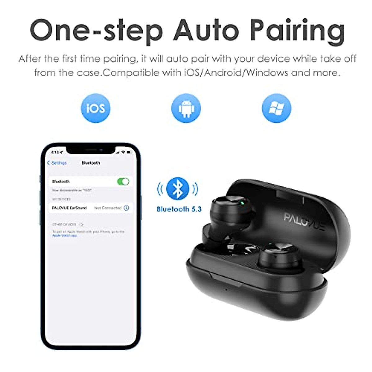 PALOVUE Wireless Earbuds, in-Ear Earphones with Bluetooth 5.3, Built-in Mic Headphones, Deep Bass Stereo, with Lightweight Compact Charging Case for Sport/Work Compatible with iPhone and Android
