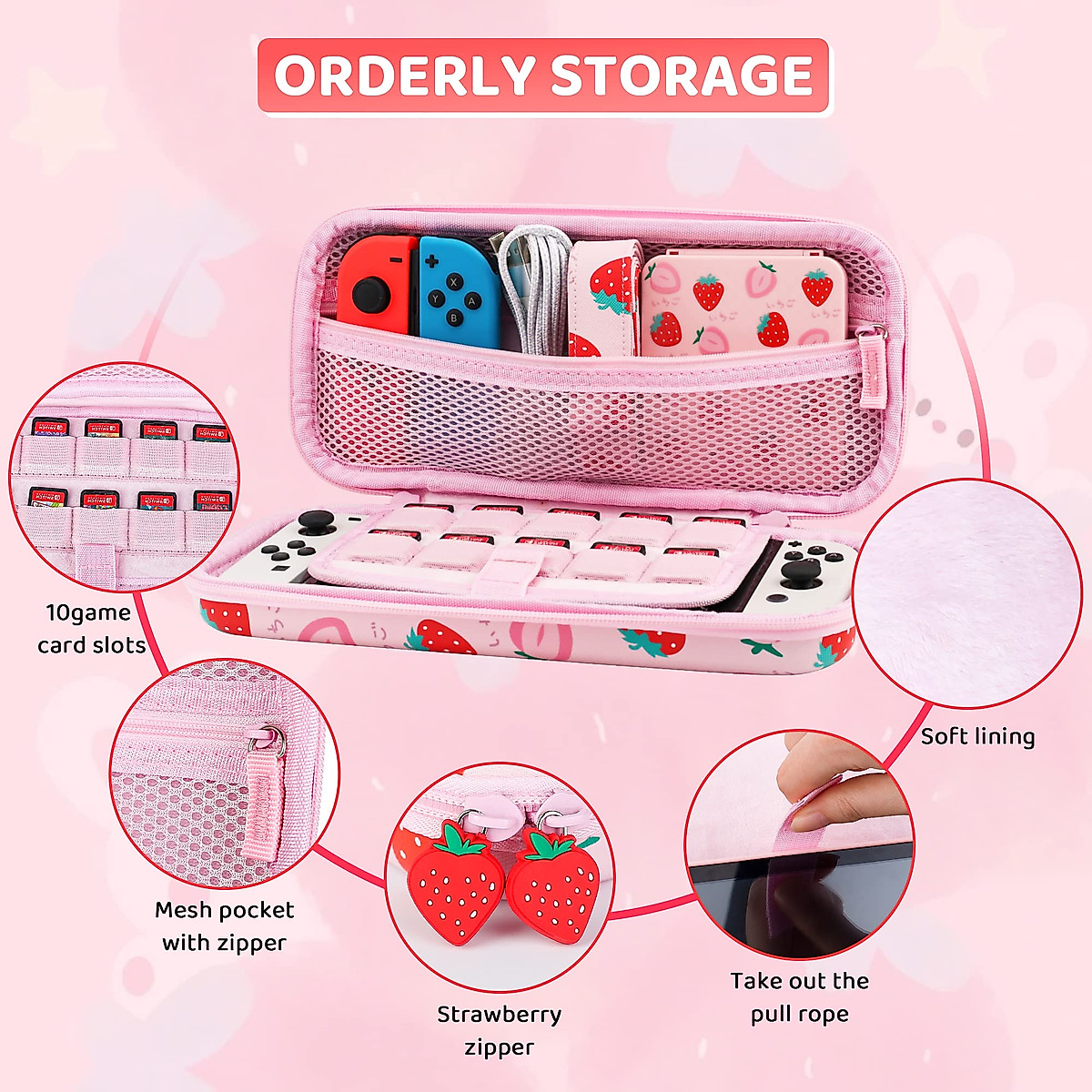 RHOTALL Cute Carrying Case for Nintendo Switch & Switch OLED Cover, Hard Portable Travel Case for Switch Accessories with Game Case, 2 Joy Con Shell, Shoulder Strap, and 2 Thumb Caps - Pink Strawberry