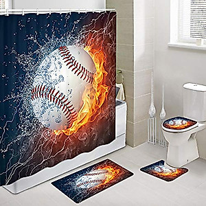 JAWO Baseball Shower Curtain Set, Water Fire Baseball Sports Decor Bathroom Sets with Shower Curtain and Rugs and Accessories 12 Hooks