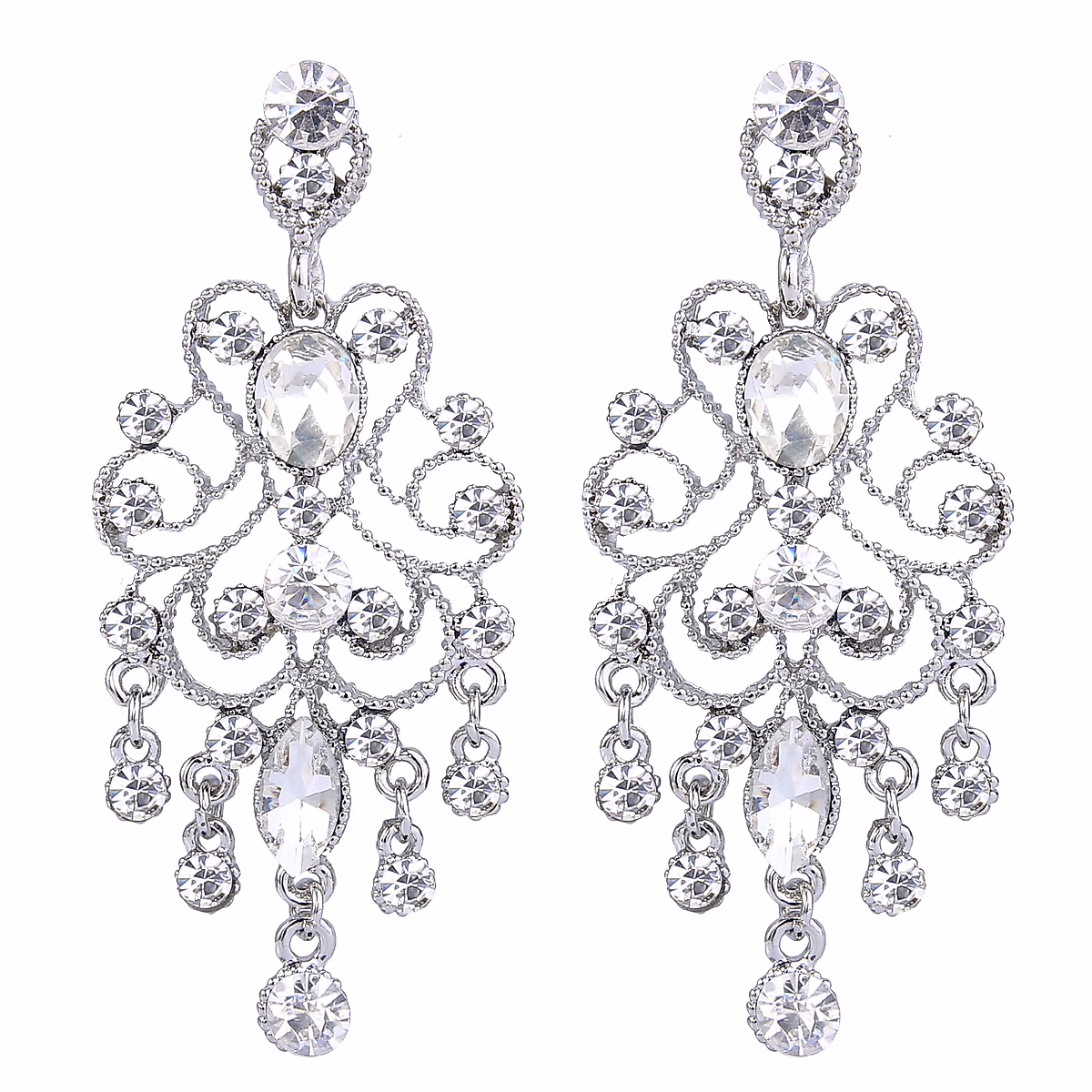 BriLove Wedding Bridal Dangle Earrings for Women Vintage Style Crystal Drop Hollow Filigree Chandelier Dangle Earrings Clear Silver-Tone