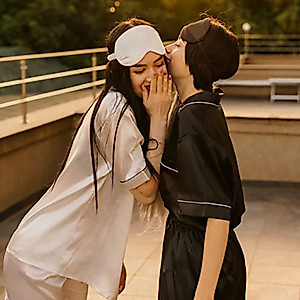 Ekouaer Women's Satin Sleepwear 2-Piece Sleepwear Loungewear Short Sleeve Button Down Pj Set(Champagne,Large)