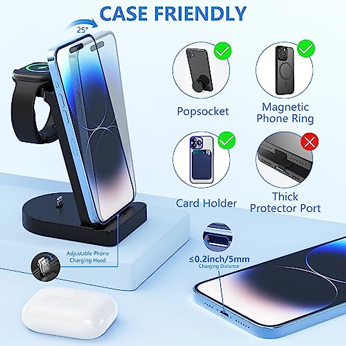 Charging Station for Multiple Devices,Cabepow 3 in 1 Fast Charging Station Dock for iPhone Series 14 Pro Max/13/12/11/X/8 Plus,for Airpods, Wireless Charger for Apple Watch 8/Ultra/7/6/SE/5/4/3