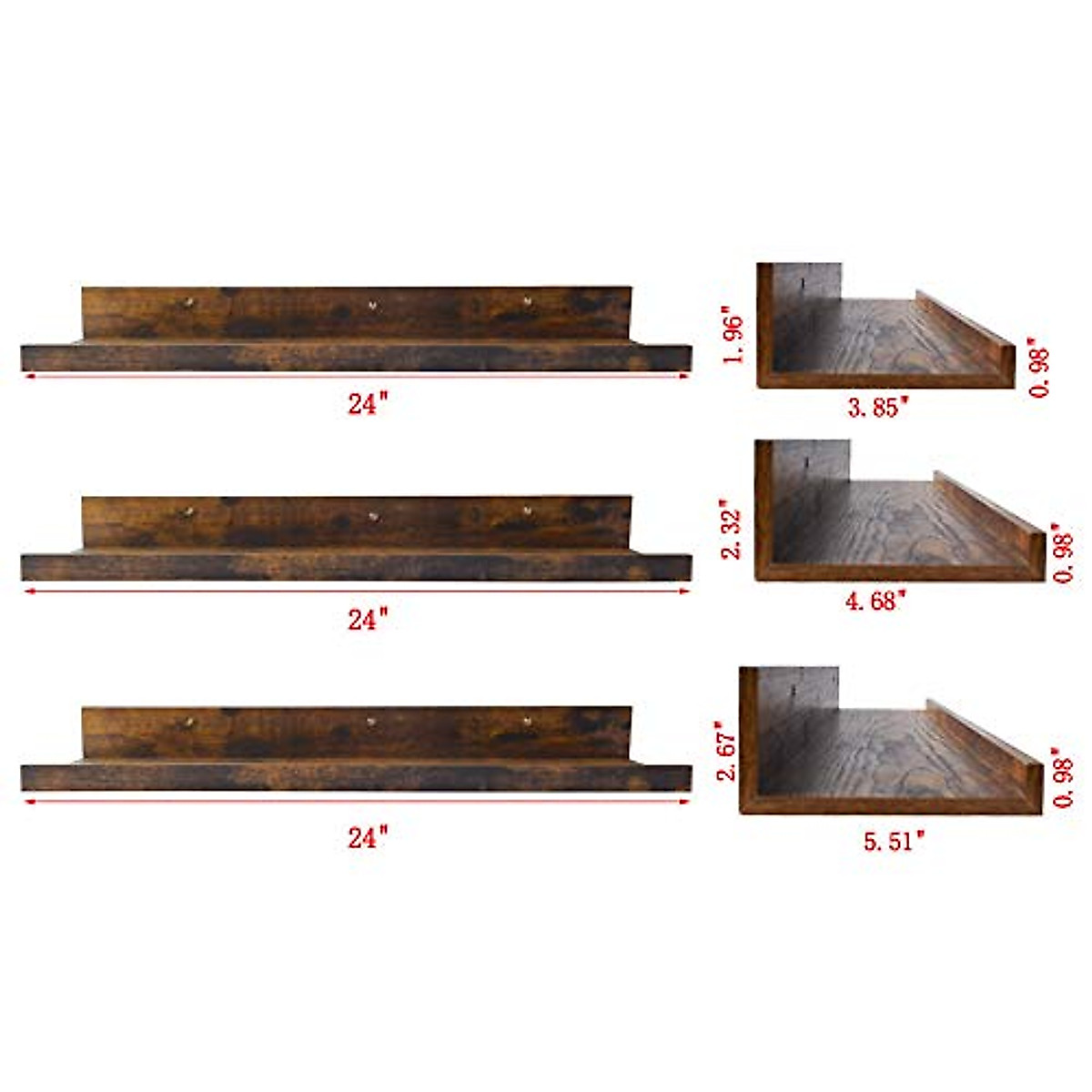 Giftgarden 24 Inch Floating Shelves Wall Mounted Set of 3, Rustic Large Wall Shelves Picture Ledge Shelf for Bedroom Living Room Bathroom Kitchen, 3 Different Sizes