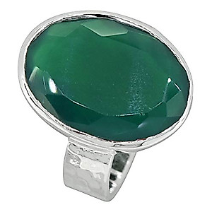 YoTreasure 13x18 MM Green Onyx Solitaire 925 Sterling Silver Hammered Ring