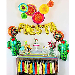 FIESTA PARTY Decorations Supplies kit - Cactus decor foil Balloons, Gold Fiesta balloon banner, Fiesta helium balloons, Coco party paper tassel garland, Mexican party style paper fans- Cinco de mayo