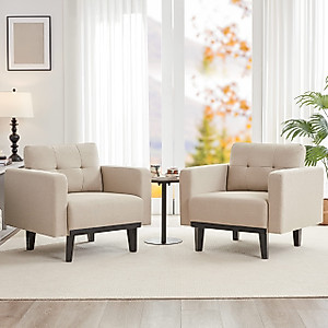 AYEASY Linen Mid-Century Modern Cream Accent Set of 2, Oversized Upholstered Single Sofa Chair Base and Wood Legs, Comfy Living Room Armchairs for Apartment Bedroom Office Study, Ivory/Beige