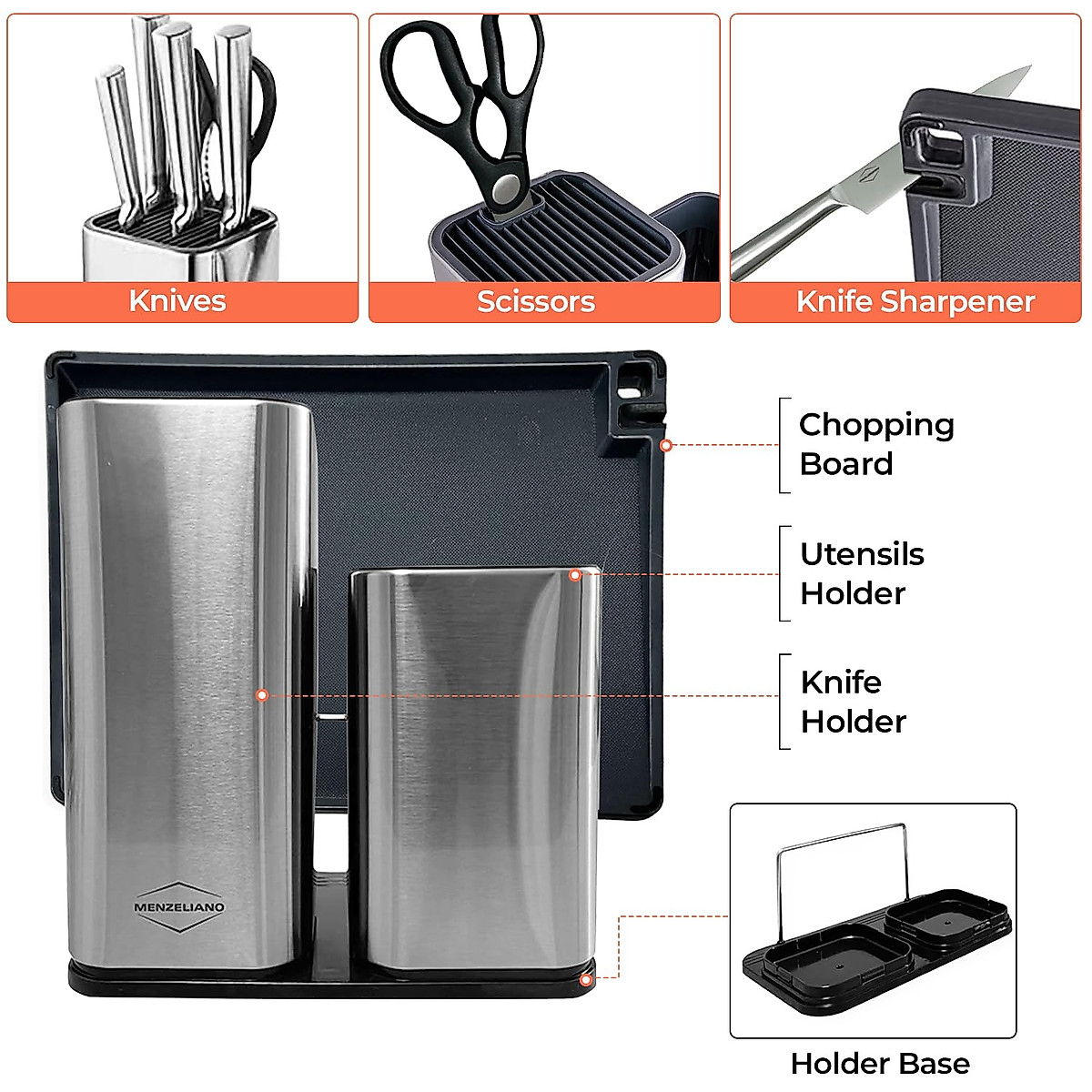 MENZELIANO 13 pcs kitchen knife set with block and cooking stainless steel utensils set with holder