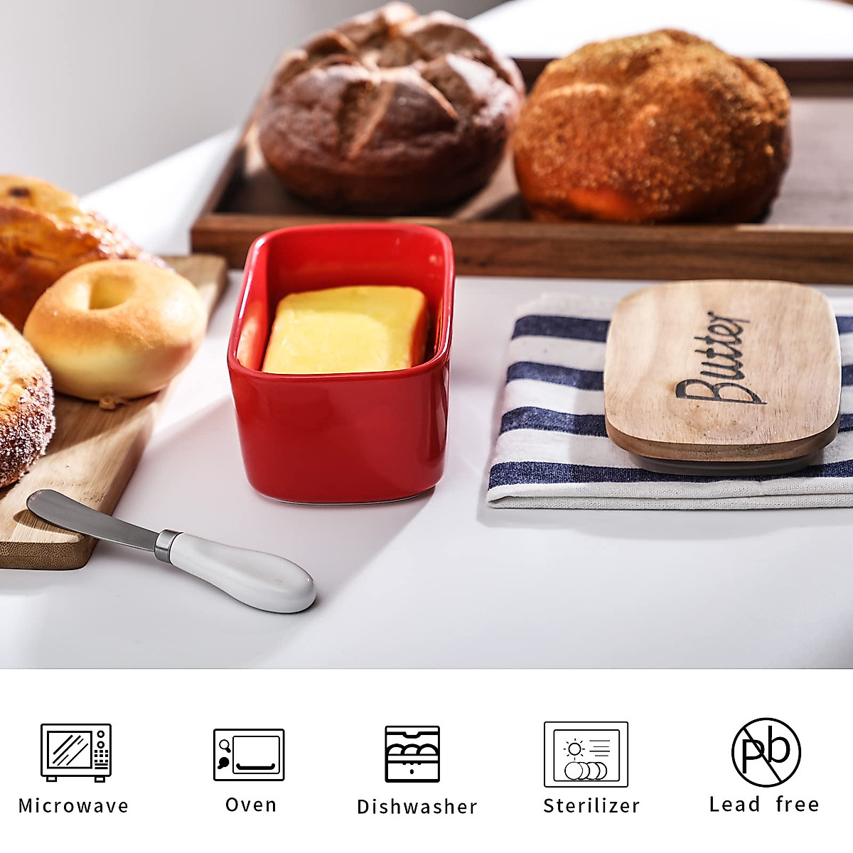 Ceramics Butter Dish with Wooden Lid- Large Covered Butter Holder for Countertop, Butter Keeper Container Perfect for Holds 2X 4oz West/East Coast Butter, Red