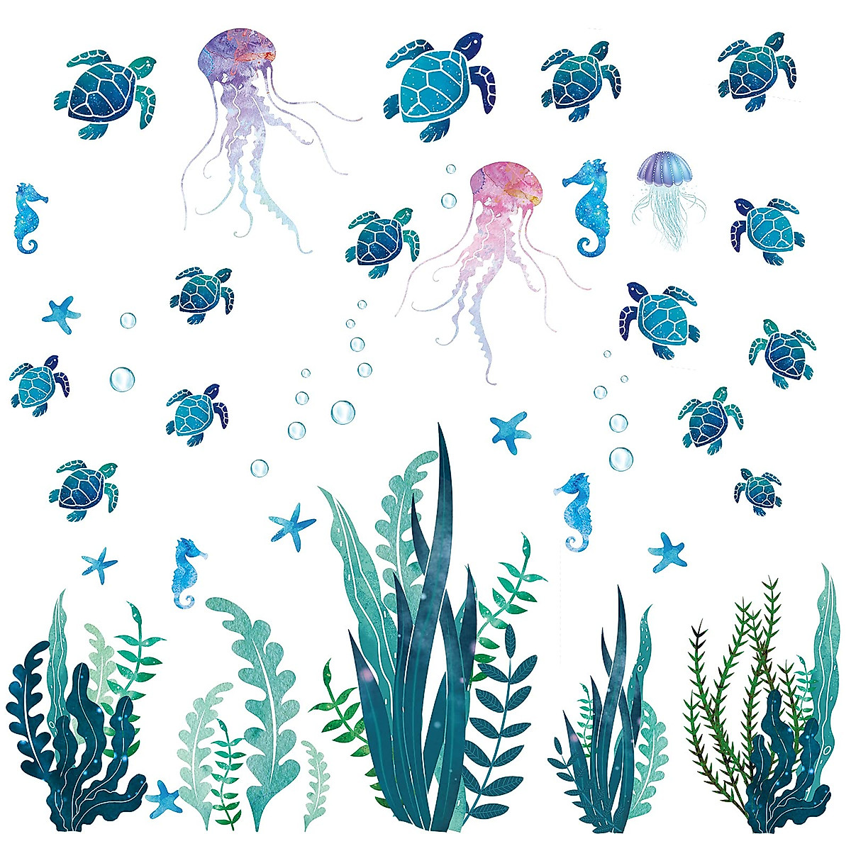 Nuanchu 28 Pcs Under The Sea Wall Decals Glow in The Dark Sea Turtle Ocean Grass Seaweed Jellyfish Peel Stick Underwater Wall Decoration for Kids Bedroom Bathroom Toilet (Vivid Style)