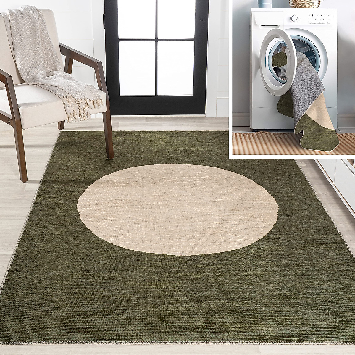 JONATHAN Y WSH113B-9 Cirkel Minimalist Geometric Dot Machine-Washable Indoor Area-Rug, Scandinavian, Modern, Bohemian Easy-Cleaning,Bedroom,Kitchen,Living Room,Non Shedding, Green/Cream, 9 X 12