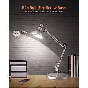 LEPOWER Metal Desk Lamp, Adjustable Goose Neck Architect Table Lamp with On/Off Switch, Swing Arm Desk Lamp with Clamp, Eye-Caring Reading Lamp for Bedroom, Study Room &Office (Silver)
