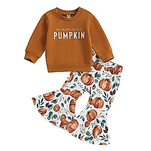 wdehow Toddler Baby Girls Halloween 2pcs outfits Letters Print Sweatshirt Tops Pumpkin Flare Pants Fall Winter Clothes (Brown, 12-18 Months)