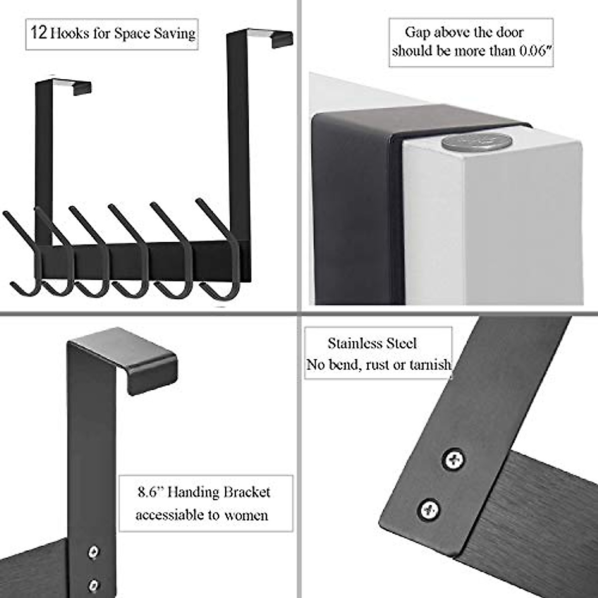 DOKU Over The Door Hook, Stainless Steel Heavy Duty Over Door Hanger Holder for Coat Robe Hat Clothe Towels Hanging, Bathroom Organizer Towel Rack 12 Hooks, Matte Black