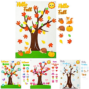 WATINC 149Pcs Seasonal Tree Felt Board Story Set Changeable Seasonal Tree Autumn Time Board Sun Maple Leaves Squirrel Hedgehog Hello Fall Ornaments Preschool Large Wall Storyboard for Home Classroom