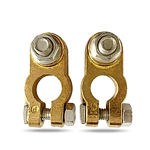 Hawyet 2 PCS Car Terminals Connectors Clamps, Brass Terminal Protector Set, Universal Terminal End Clamp Set for Marine Car Boat RV Vehicles (Gold)