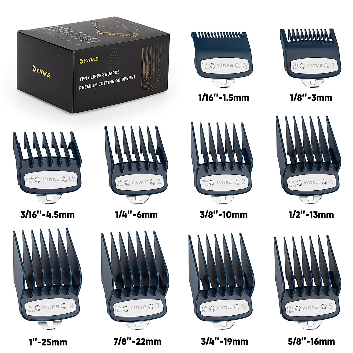 Yinke Clipper Guards Premium Cutting Guides for Wahl with Metal Clip #3171-500 - 1/8” to 1”- Fits Most Full Size Wahl Clippers (Blue)