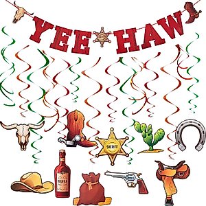 Western Cowboy Party Decoration Kit - Cowboy Yee Haw Garland Banner, Hanging Swirls Foil Swirls for Cowboy Theme Party Birthday Party Baby Shower Ceiling Decorations