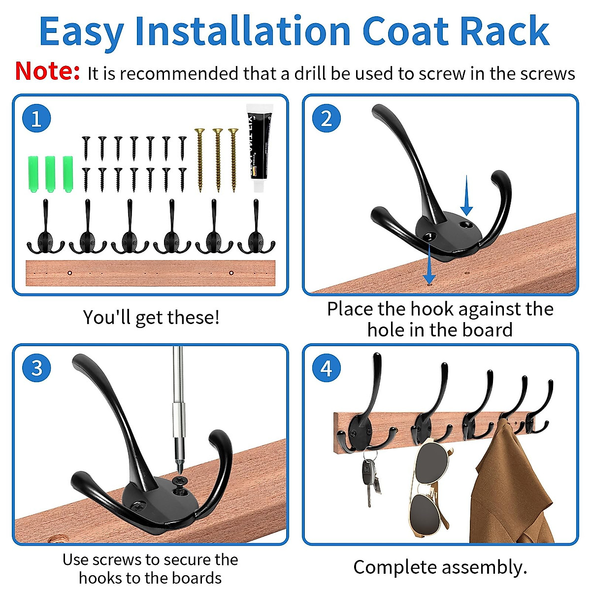 Coat Rack Wall Mounted, Entryway Wall Clothes Rack Hooks with 5 Heavy Duty Metal Three Hooks, Wooden Coat Hooks Wall Mount with 2 Mounting Types for Hanging Jacket, Backpack, Towel, Keyholder, Hats