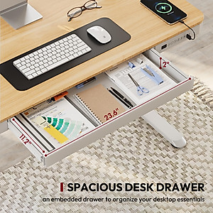 SANODESK Standing Desk with Drawer, Electric Height Adjustable Home Office Desk with Storage & USB Ports, 55 inch Maple Wood Tabletop/White Frame