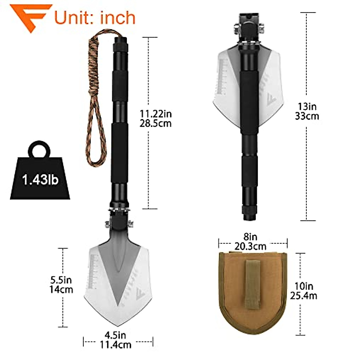 FiveJoy Survival Shovel Multitool (C1) - Portable Collapsible Tactical Tool - Entrenching Backpack Equipment for Hiking Camping Emergency Car - Gifts for Men Dad Husband