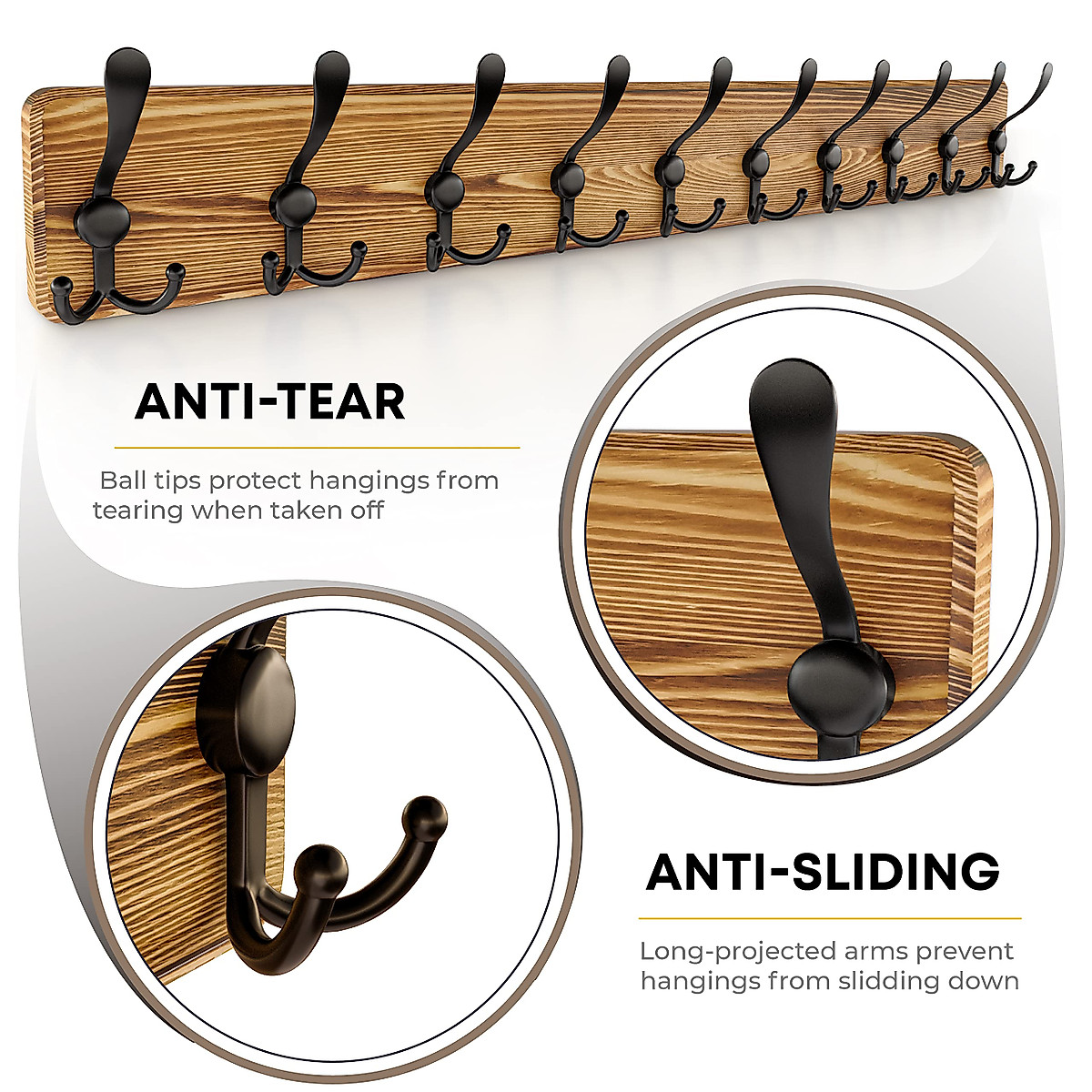 SAYONEYES Rustic Coat Rack Wall Mount, 38.6 Inch Long Solid Pine Brown Wood Wall Rack, Coat Hanger Wall Mounted with 10 Heavy Duty Tri Hooks for Hanging Coat, Towels, Hat, Jacket - 1 Pack