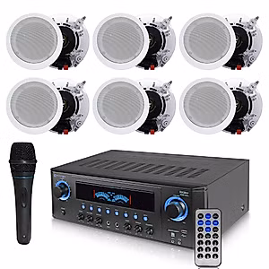Technical Pro 1000 Watts Professional Home Theater Receiver System Kit w Portable Microphone with Digital Processing and Remote 6 Qty of 5.25” Ceiling Wall Mount Framed Speakers