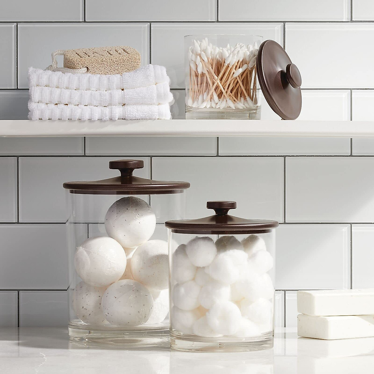 mDesign Medium Modern Apothecary Storage Organizer Canister Jars - Acrylic Containers for Bathroom, Organization Holder for Vanity, Counter, Makeup Table, Lumiere Collection, 2 Pack, Clear/Bronze