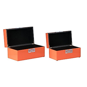 Benjara Neo 14, 11 Inch Set of 2 Decorative Boxes, Geometric Metal Accents, Orange