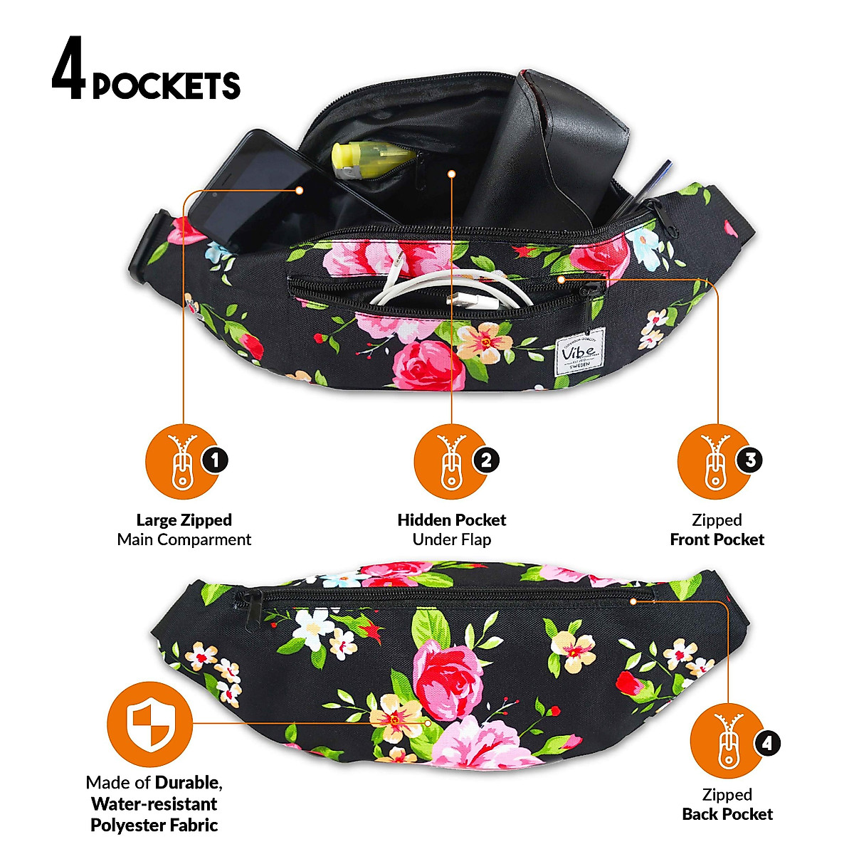 Vibe FESTIVAL GEAR Fanny Pack for Men Women - Many Prints - Black Holographic Silver Gold Cute Waist Bag for Festival Rave Hiking Running Cycling