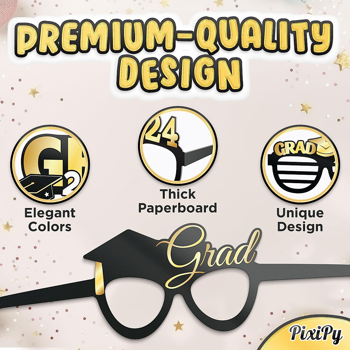 PixiPy 2024 Graduation Photo Booth Props Glasses (20 Pack, Black & Gold), Fun Photo Shoot Party Selfie Accessories for College or High School Senior Grad Celebration