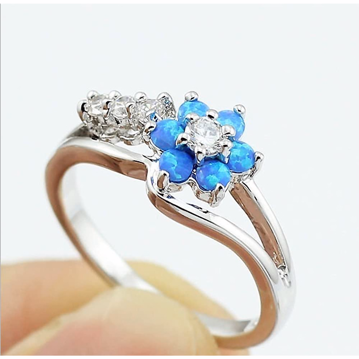 Pingyongchang Exquisite Round Cut White Fire Opal Stone Flower Women Opal Rings Diamond Zircon Female Jewelry Accessory Birthday Proposal Gift Bridal Engagement Party Band Ring-Blue Size 10