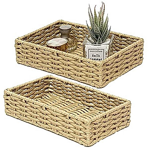 HOSROOME Wicker Bathroom Storage Organizer Tray Toilet Paper Storage Basket for Toilet Tank Top Decorative Wicker Toilet Tank Tray for Paper Hand Towel Bread Baskets for Kitchen Organizing-Beige