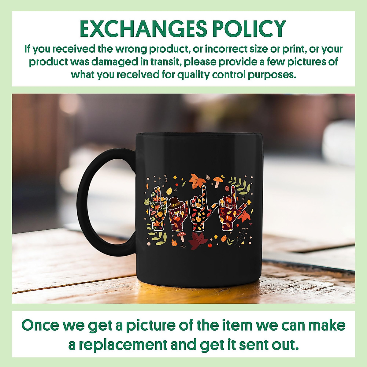 RW30 Fall ASL Thanksgiving Sign Language Alphabet Autumn Black Coffee Mug 11oz