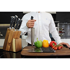 Taylor's Eye Witness Premier 9 Piece Kitchen Knife Wooden Block Set- Paring, All Purpose, Cook's, Santoku, Bread & 4 Steak Knives In Acacia Wood Holder. Full-Tang Triple Rivet. 15 YEAR GUARANTEE