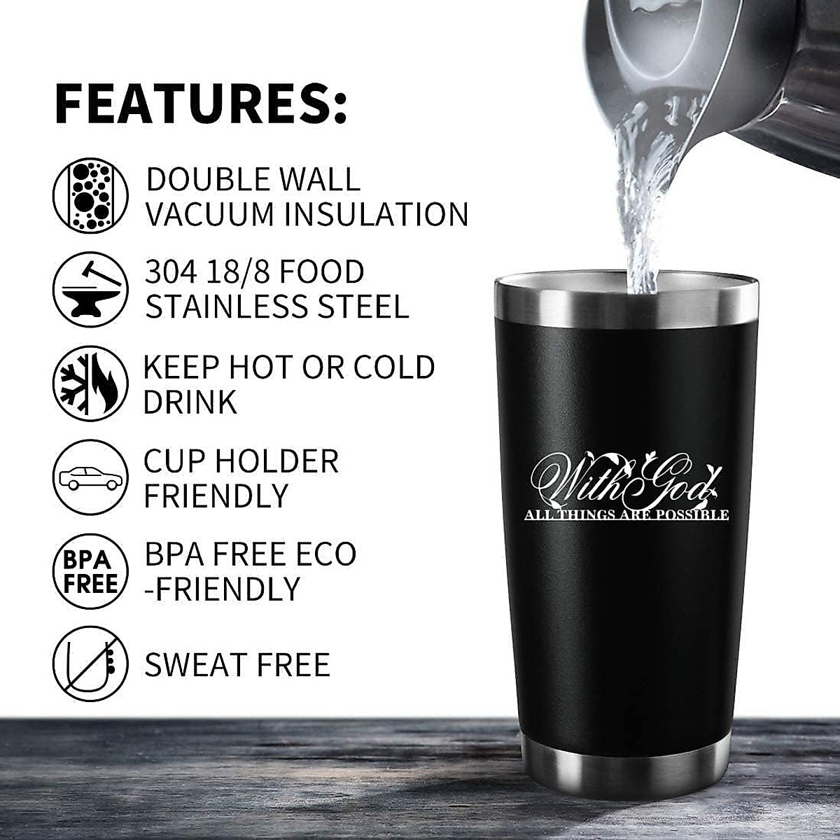 ATHAND With God All Things Are Possible Inspirational Tumblers with Lid & Straw 20 Oz | Insulated Stainless Steel Vacuum Wine Tumbler Coffee Mug | Best Christian Religious Gifts For Women Men (Black)