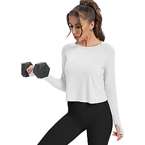 Bestisun Long Sleeve Workout Shirts Yoga Dance Top Split Back Gym Tennis Sports Exercise Training Shirt Women Stretch Fitness Crop Tops White M