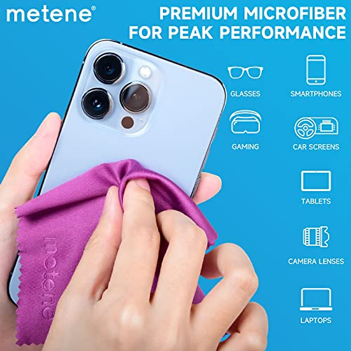 Metene 15 Pack Microfiber Cleaning Cloths (6"x7") in Individual Vinyl Pouches | Glasses Cleaning Cloth for Eyeglasses, Phone, Screens, Camera Lens and Other Delicate Surfaces Cleaner (Purple)
