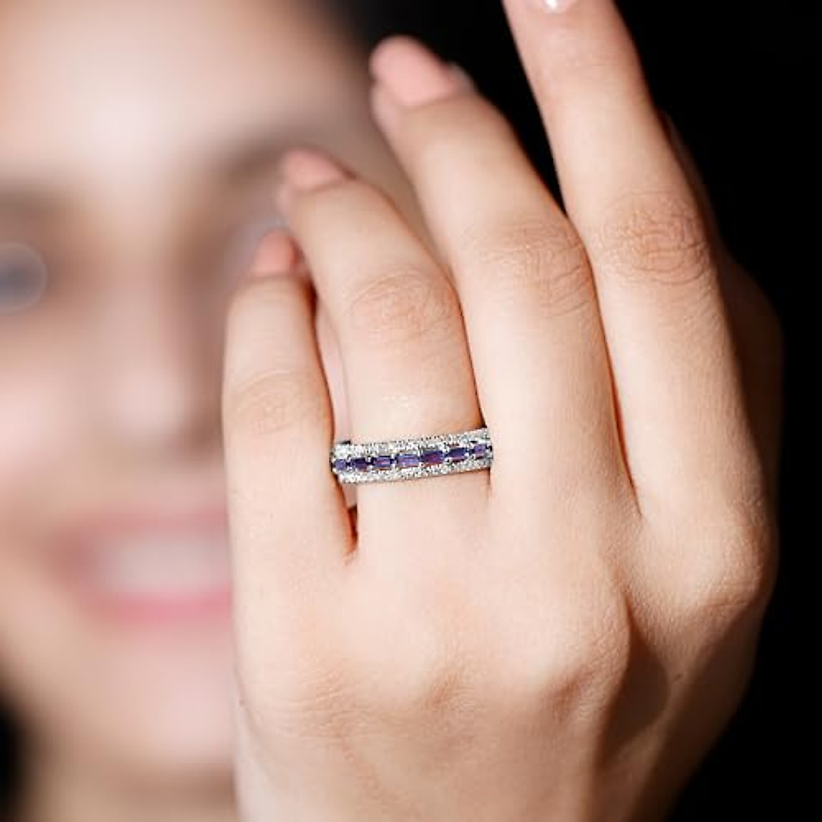 Rosec Jewels Certified Lab Grown Blue Sapphire Eternity Band Ring, Sapphire Diamond Band, Wedding Anniversary Ring, 14K White Gold, Size:US 10.50