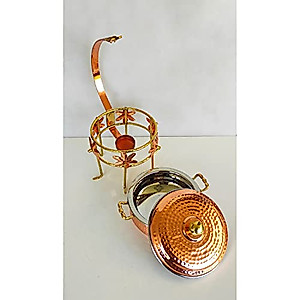 Indian Art Villa Steel Copper Chafing Dish Set of 1 Handi With Lid & 1 Brass Stand, Serveware Item for Dinner Party & Functions, Volume-44 Oz