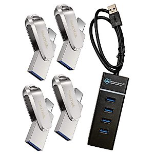 SanDisk Ultra Dual Drive Luxe 32GB Flash Drive (4 Pack) USB Type-C for Smartphones, Tablets, and Computers - High Speed (SDDDC4-032G-G46) Bundle with (1) Everything But Stromboli 4 Port USB 3.0 Hub