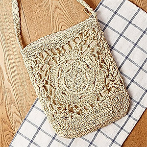 Qoyntuer Woven Straw Messenger Knitted Bag,straw Shoulder Bag Women's Handwoven Crossbody Handbag Cotton Crochet Shoulder Purse Handmade Flower Beach Storage Bag Summer Beach Shoulder Handbag (Beige)
