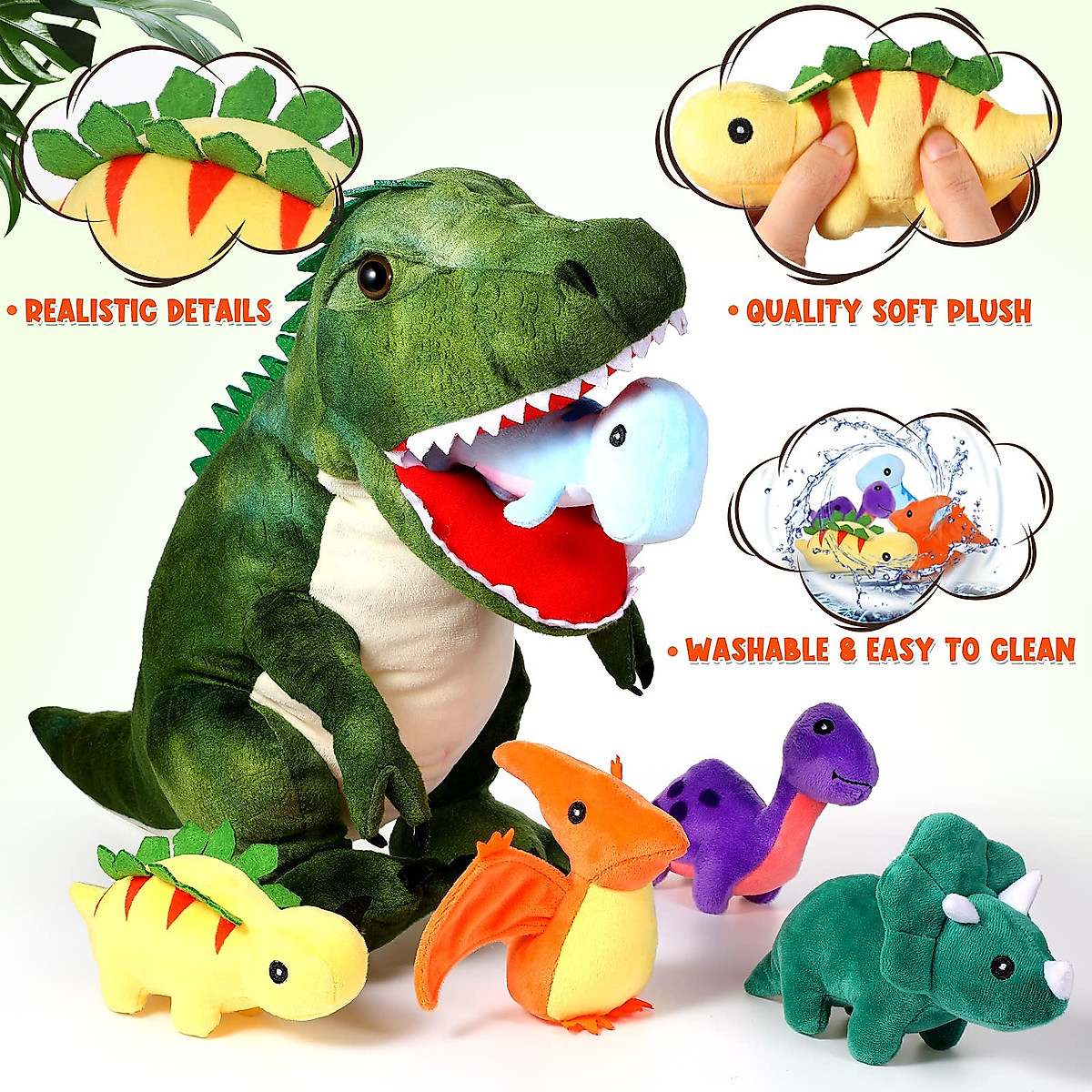 Chalyna 15.7 Inch Plush Dinosaur Plush Stuffed Animal with 5 Cute Little Dinosaurs in Tummy Carrier Baby Dinosaur Gift Set Kid Soft Cuddly Stuffed Pillow for Birthday Valentines Party Favor