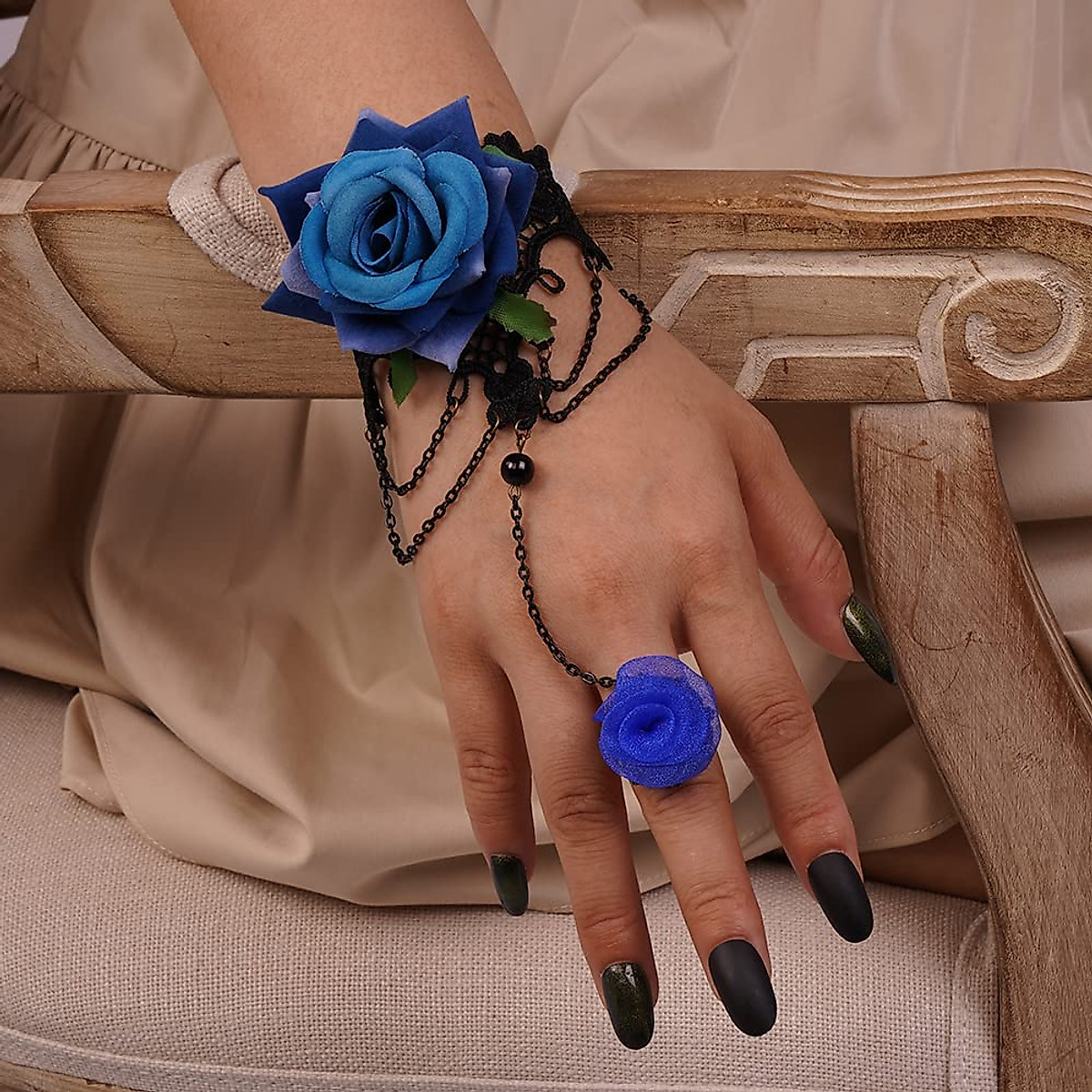 Missgrace Women Vintage Gothic Black Lace Bracelet Ring Bangle Bracelet Metal Crystal Blue Flower Charm Steampunk Lace Black Chain Tassel Bracelet Rings for Women