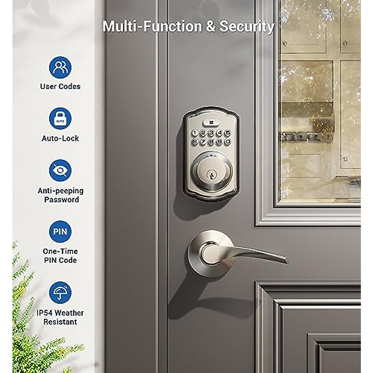 Veise Keyless Entry Door Lock with 2 Lever Handles - Electronic Keypad Deadbolt, Auto Lock, Easy Installation Digital Smart Code Door Lock, Front Door Handle Set, Satin Nickel