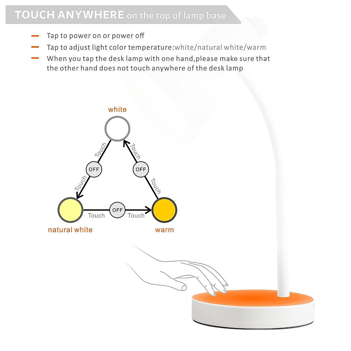 amezin White Desk Lamp 7w E26 LED Touch Control Gooseneck Metal Desk Lamps, Adjustable Modern Wood Eye-Caring Table Lamp for Girls Kids Home Office Bedroom College Dorm