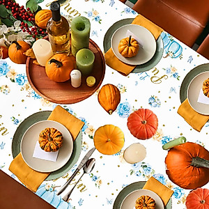 LINHAXM 3 Pack Blue Little Pumpkin Baby Shower Tablecloths - Fall Pumpkin Floral Plastic Table Cover for Baby Boy Shower Gender Reveal Decorations, 54 x 108 Inch