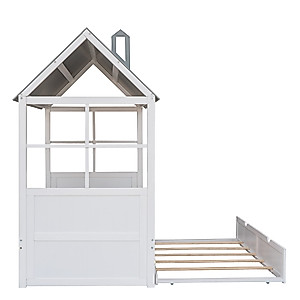BIADNBZ Twin Size House Bed with Trundle,Wooden Playhouse Platform BedFrame with Roof and Window Design for Kids Teens Boys Girls Bedroom,No Box Spring Needed,White+Gray