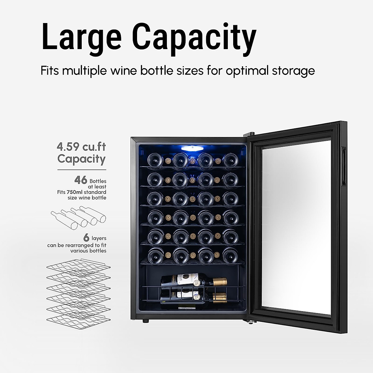 Yeego Wine Fridge, 46 Bottles Wine Cooler Refrigerator, 38-65℉ Freestanding Mini Fridge with Digital Temperature Control & Double-layer Glass Door & Blue Ambient Lights for Home, Kitchen, Office, Dorm
